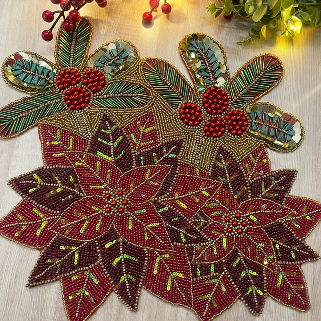 Set of 6, Christmas poinsettia placemat, handmade beaded table mat ...