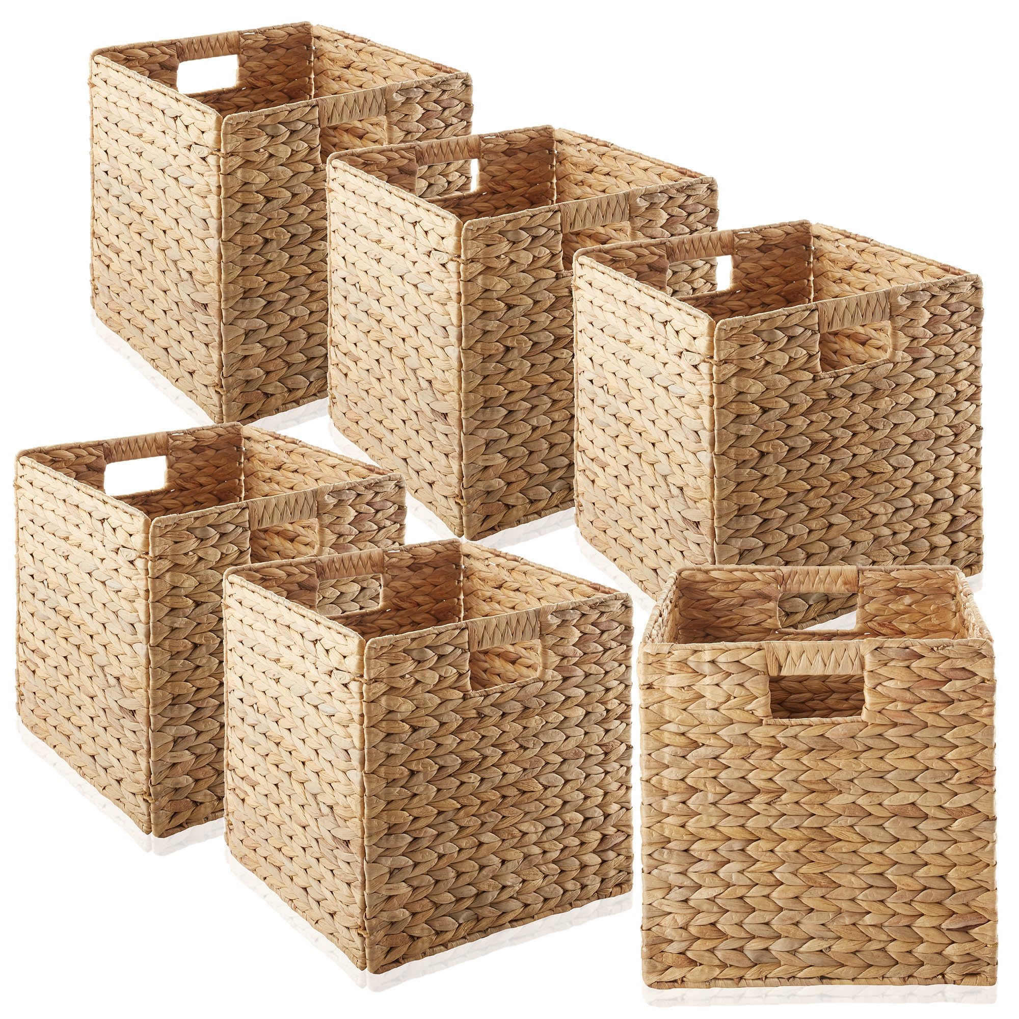 Set of 6 Collapsible Water Hyacinth Storage Baskets, 12x12 Inch Woven ...