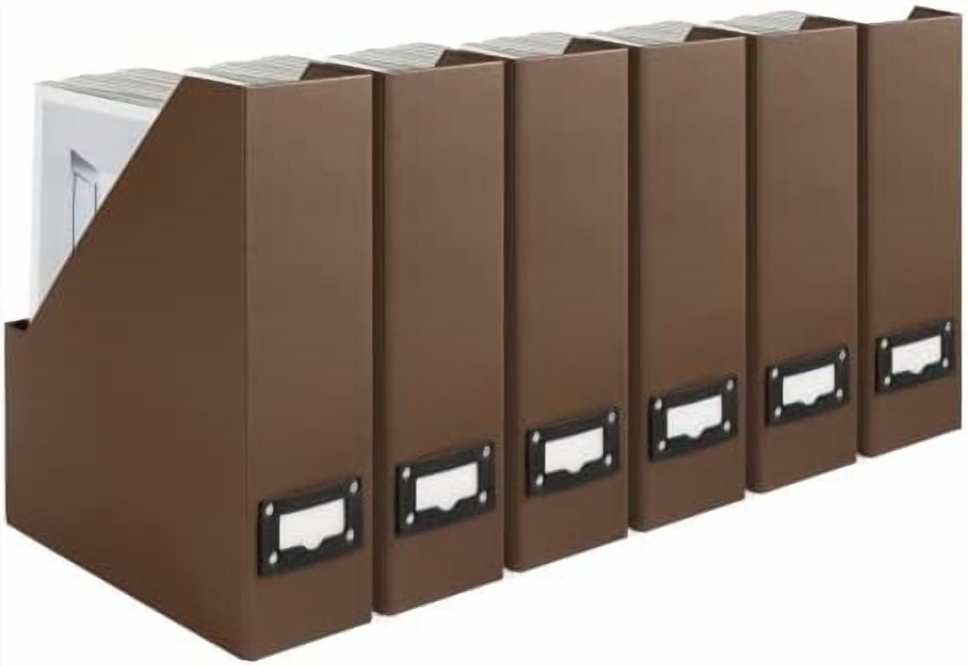 Set of 6 Foldable Brown Magazine File Holders with Brown Leather Label ...