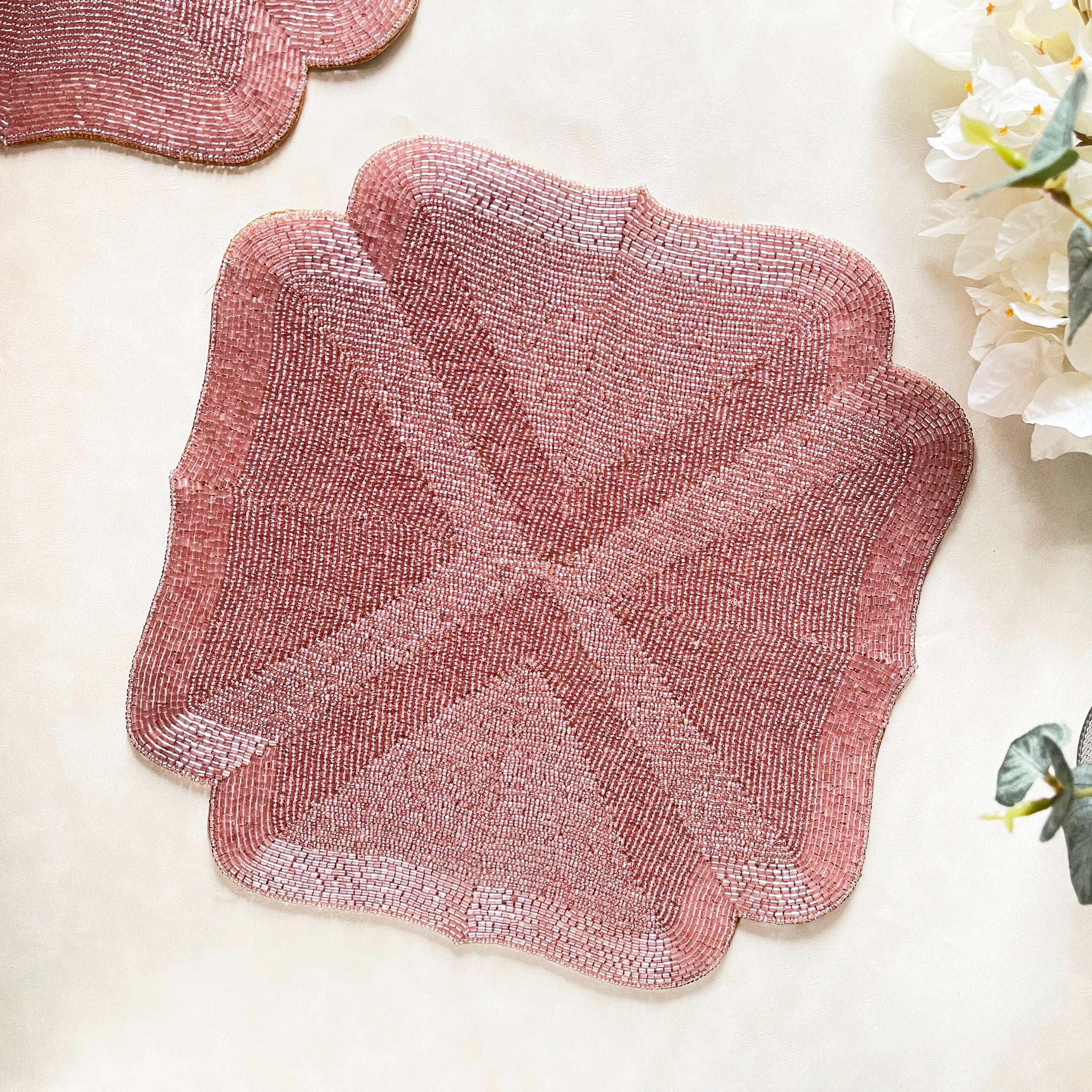 Set of 6, Handmade beaded Peach colour table mat, charger plate ...