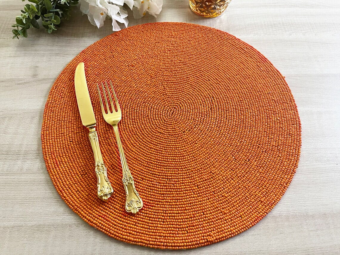 Set of 6, Handmade beaded placemat, beaded table mat, bright orange ...