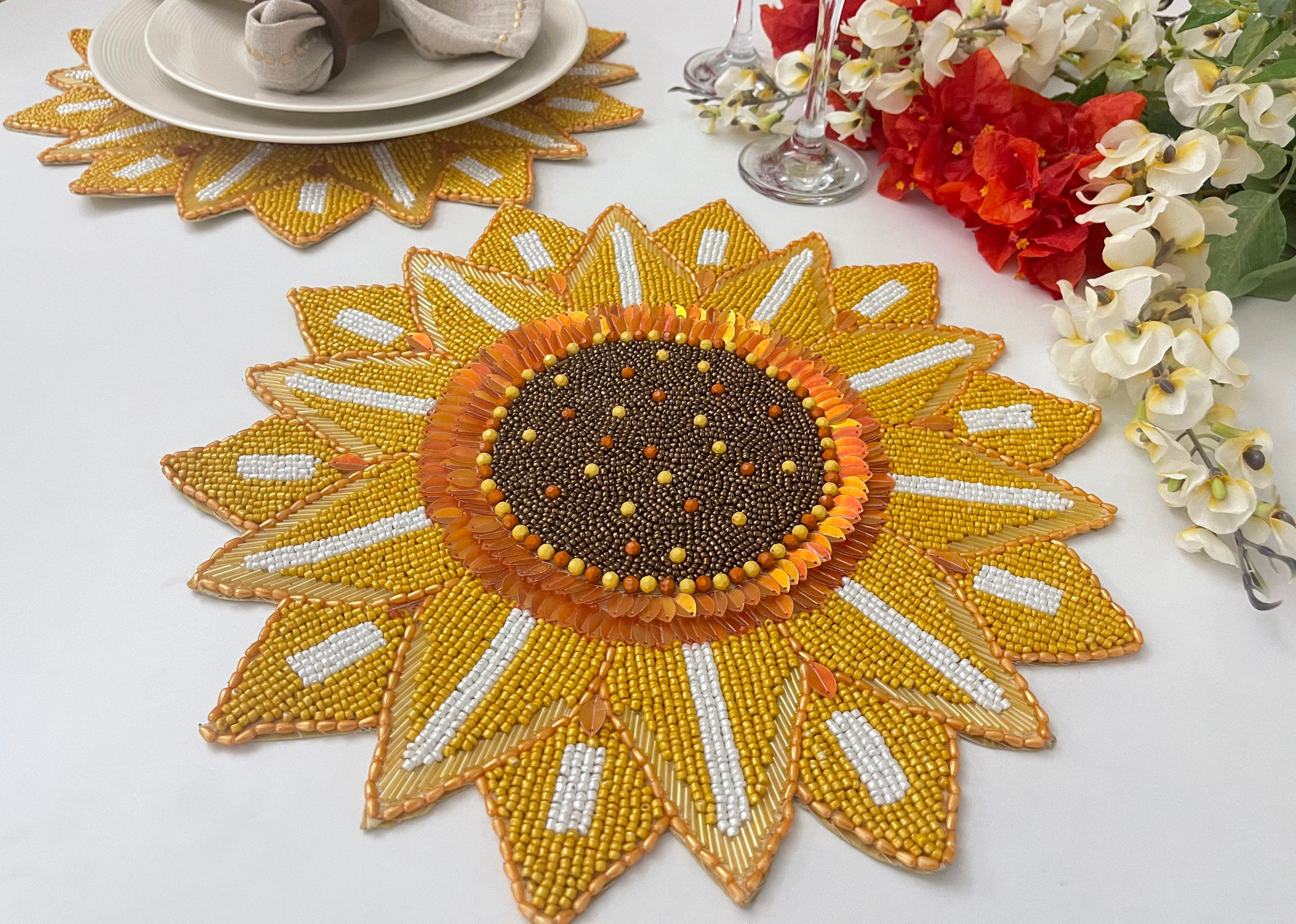 Set of 6, Handmade beaded placemat, sunflower tablemat, 14 inch ...