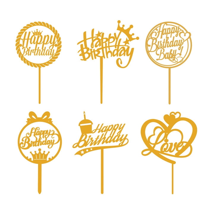 Set of 6 Happy Birthday Cake Topper Golden Double-Sided Mirrored ...