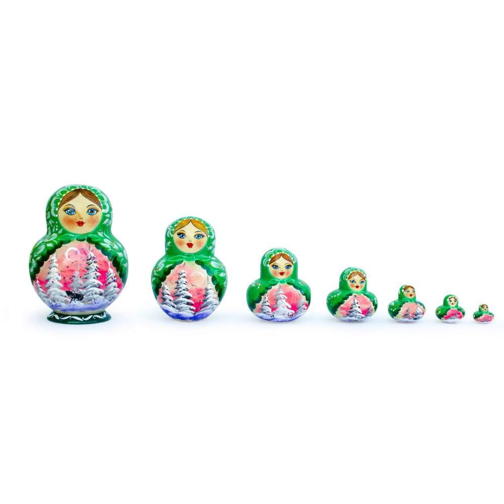 Set of 6 Horse in Winter Forest Green Dress Nesting Dolls 6 Inches ...