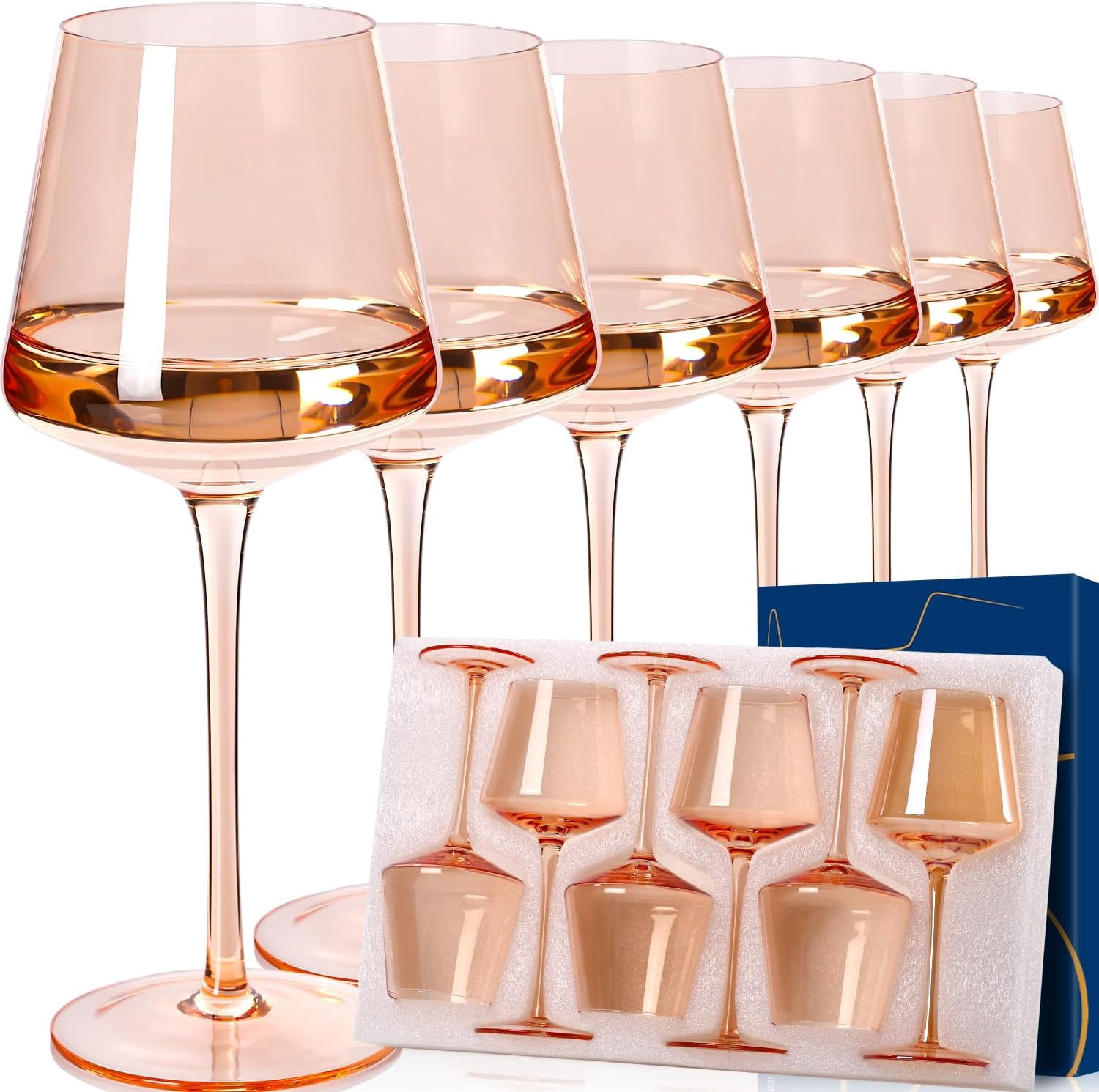 Set of 6 Light Pink Wine Glasses, 18oz Blush Pink Hand Blown Glass ...