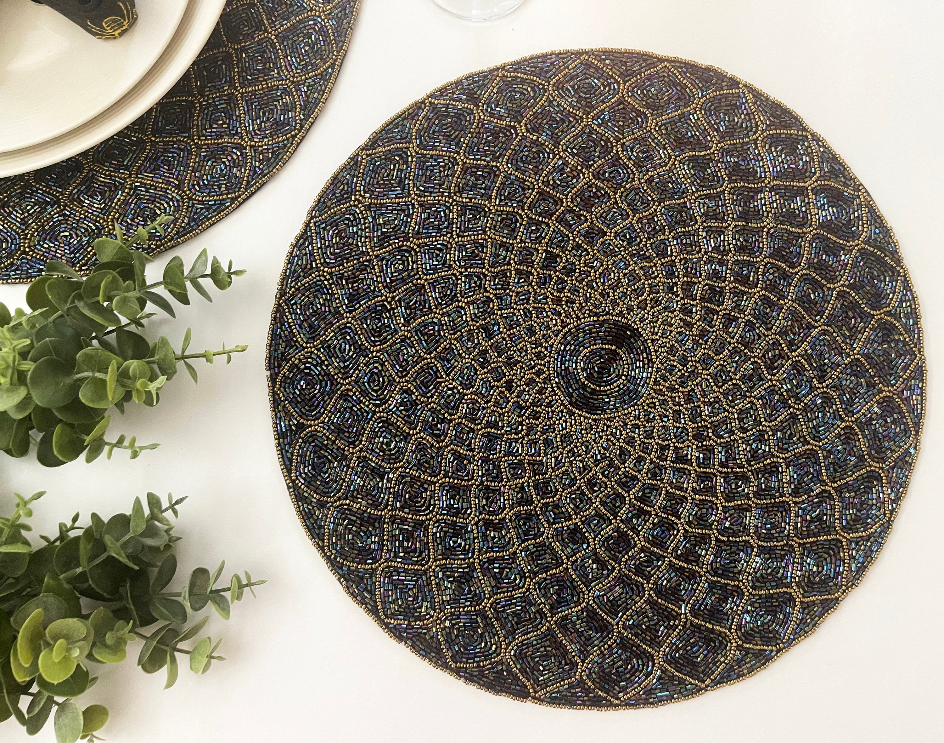 Set of 6, Luxury Handmade beaded placemat, blue tablemat, 14 inch, bead ...