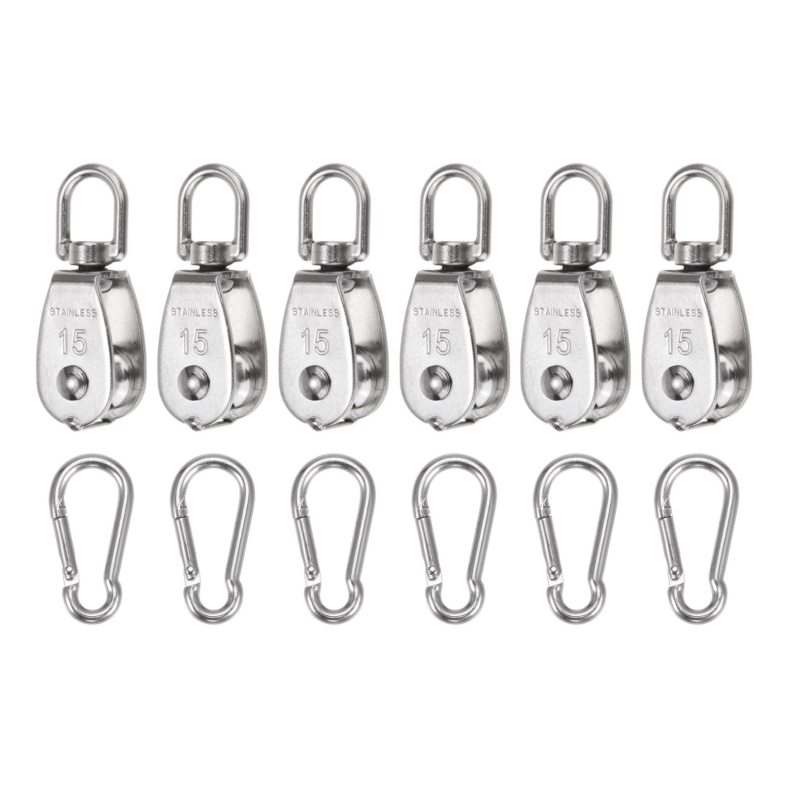 Set of 6 M15 Single Pulley Block with Spring Snap Hook, 304 Stainless ...