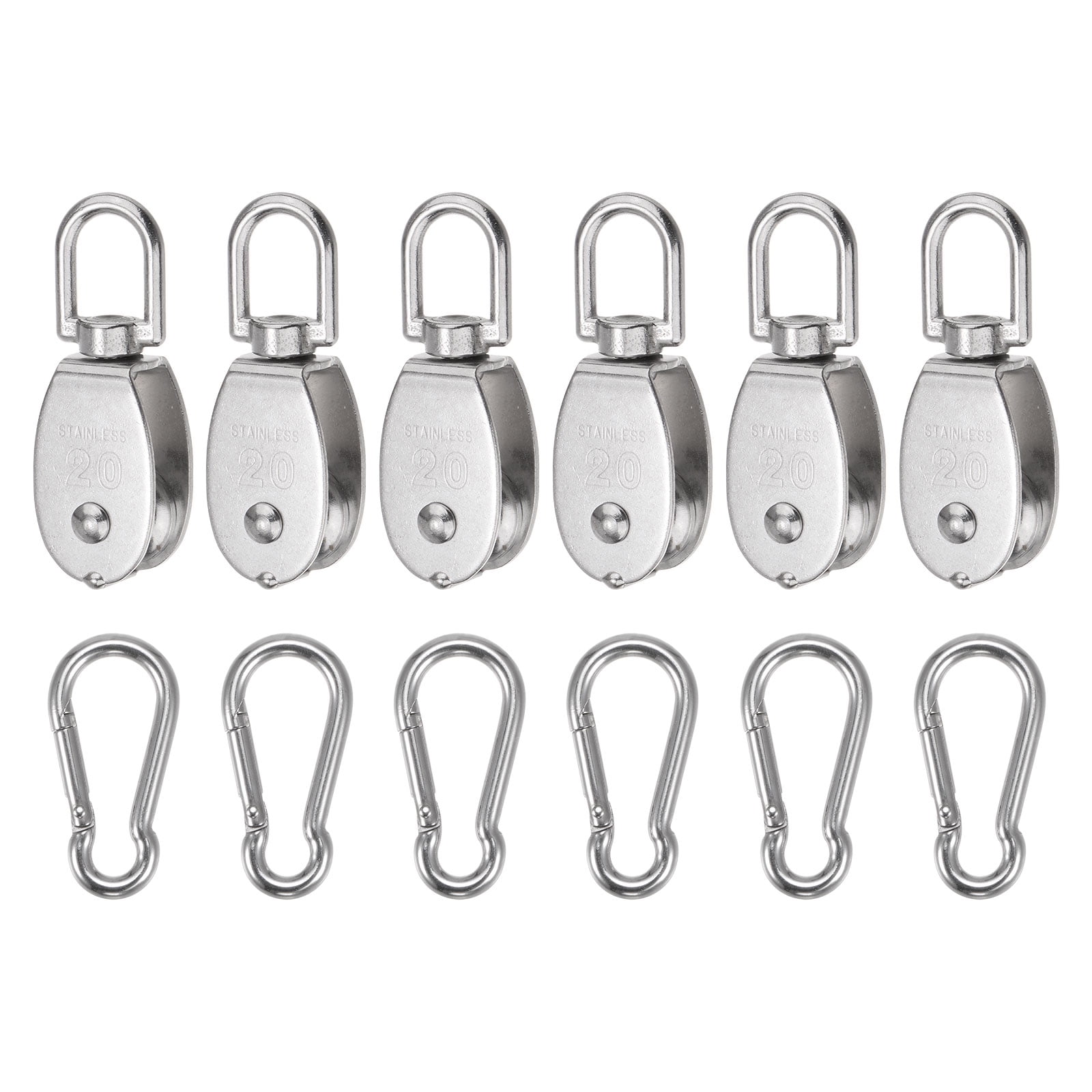 Set of 6 M20 Single Pulley Block with Spring Snap Hook, 304 Stainless ...