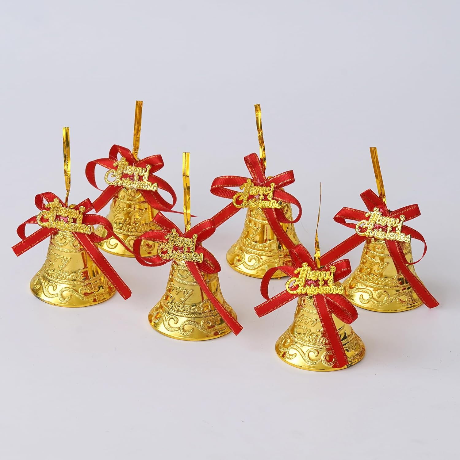 Set of 6 Merry Christmas Bells Golden Jingle Bells with Red Ribbon ...