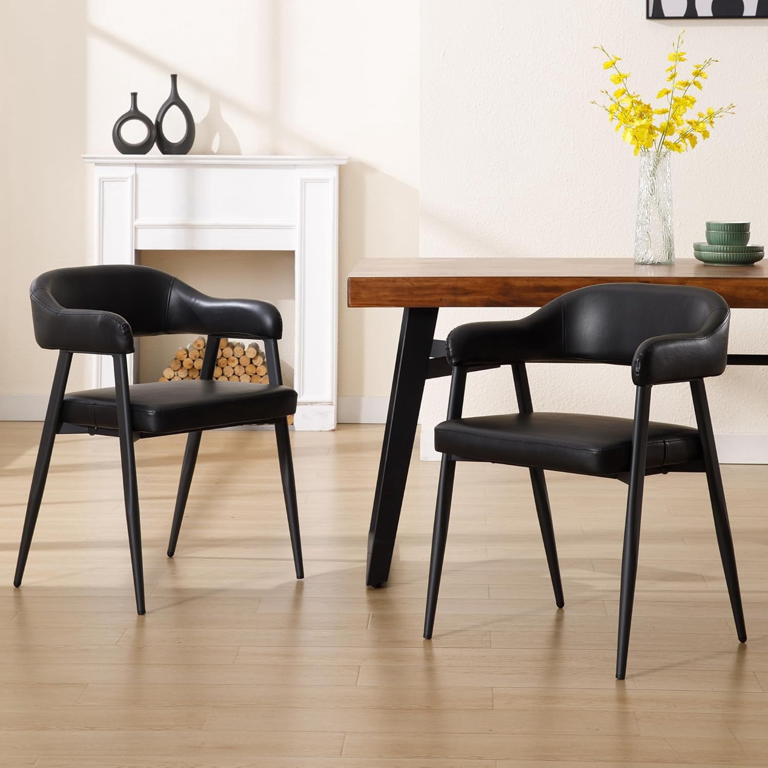 Set of 6 Mid Modern Leather Dining Chairs with Curved Backrest and ...