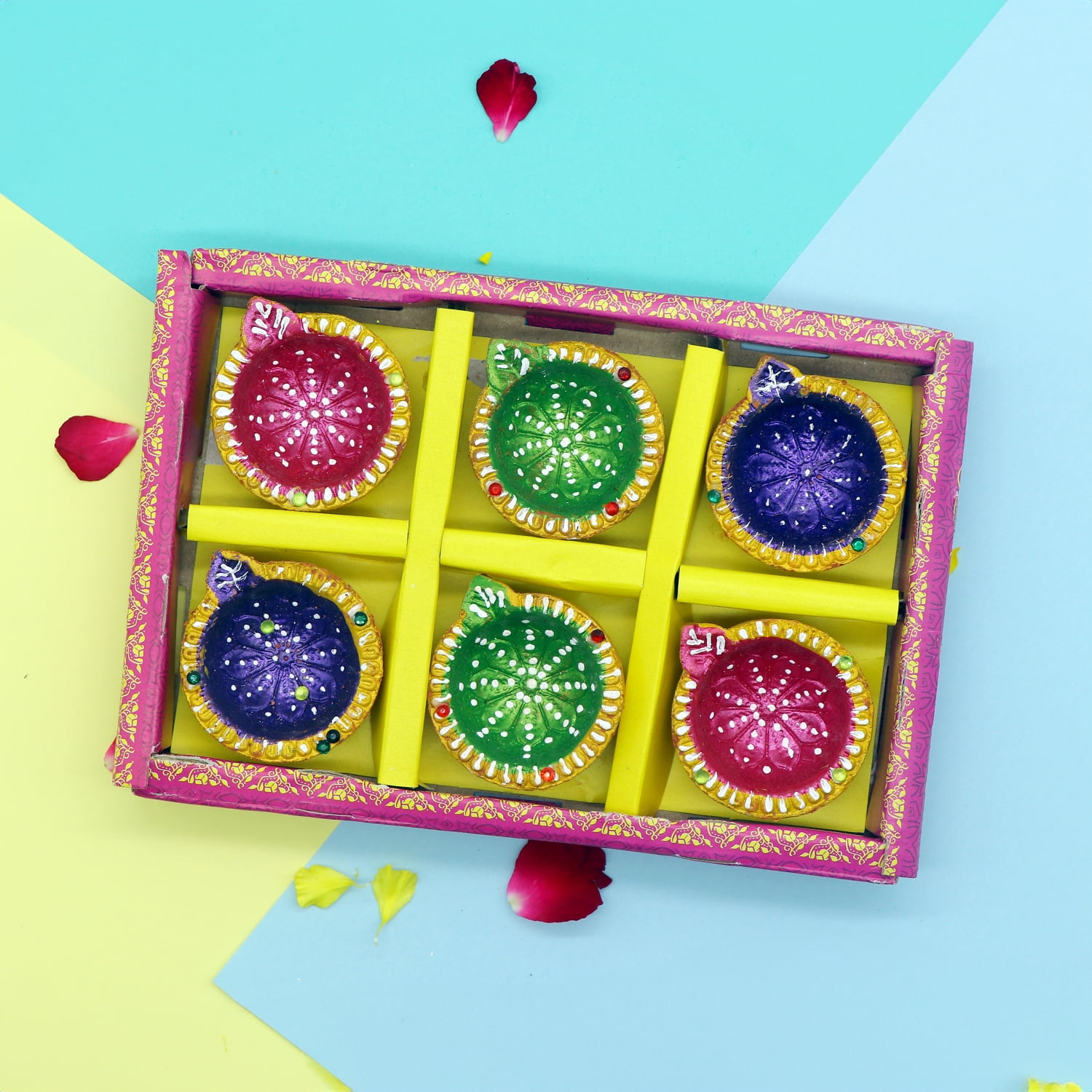 Set of 6 Multicolor Clay Diyas for Diwali Celebrations | Colorful ...