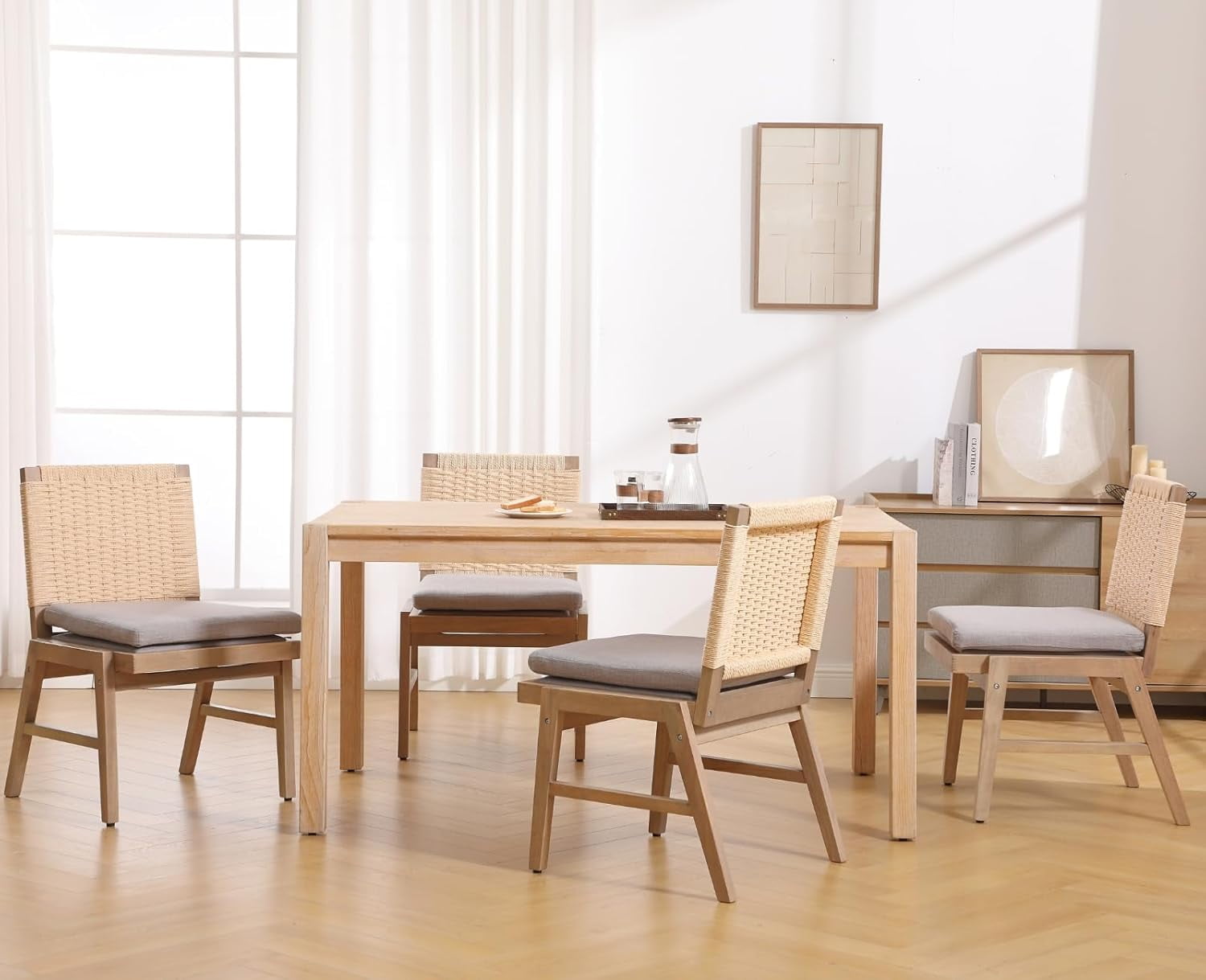 Set of 6 Natural Wood Dining Chairs with Rattan Back & Linen Fabric ...
