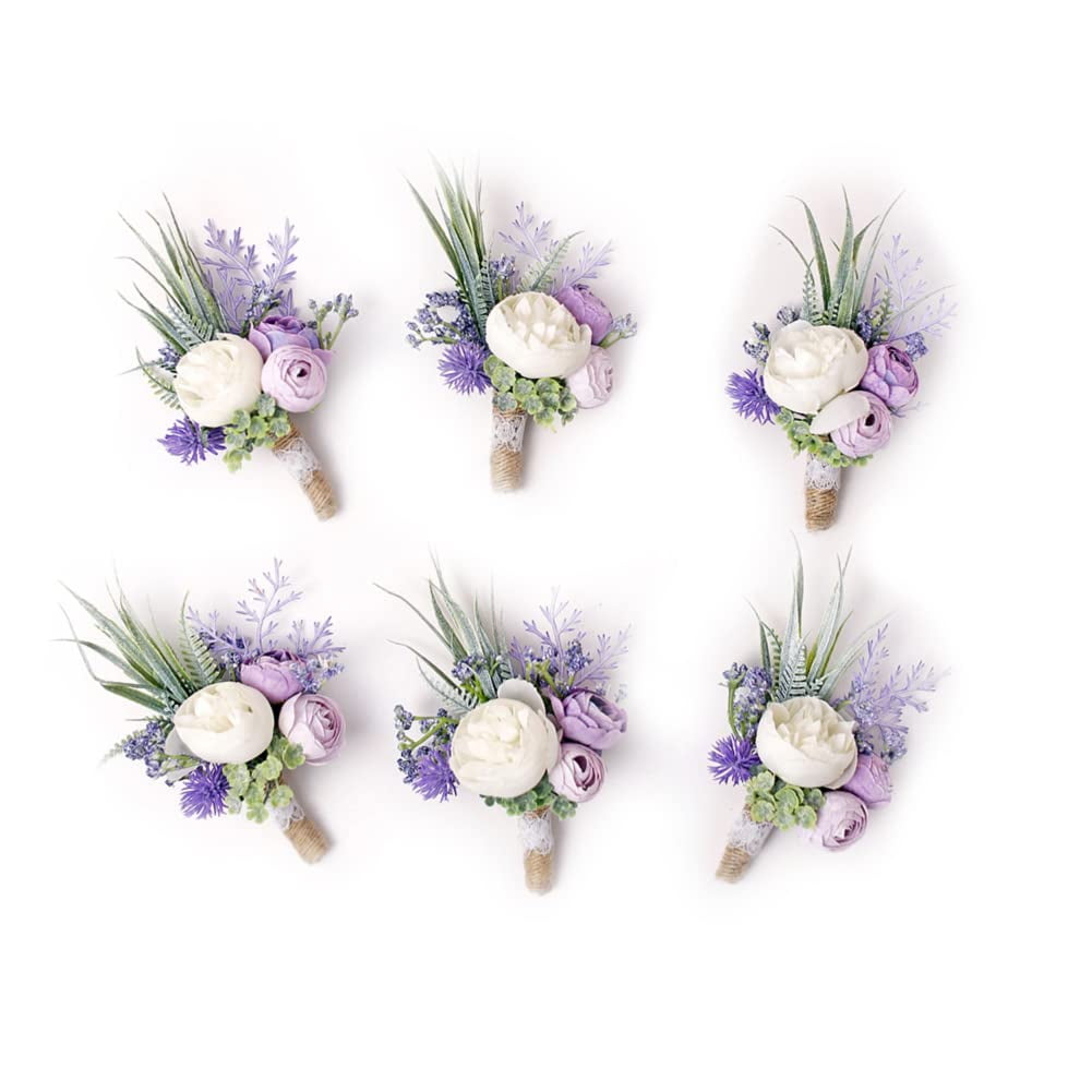Set of 6 Purple Boutonniere for Best Men Groom Groomsmen White ...