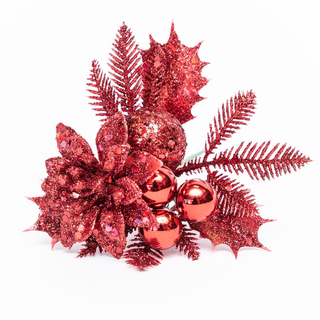 Set of 6 Red Glitter Ball Ornament & Poinsettia Pick - Walmart.com