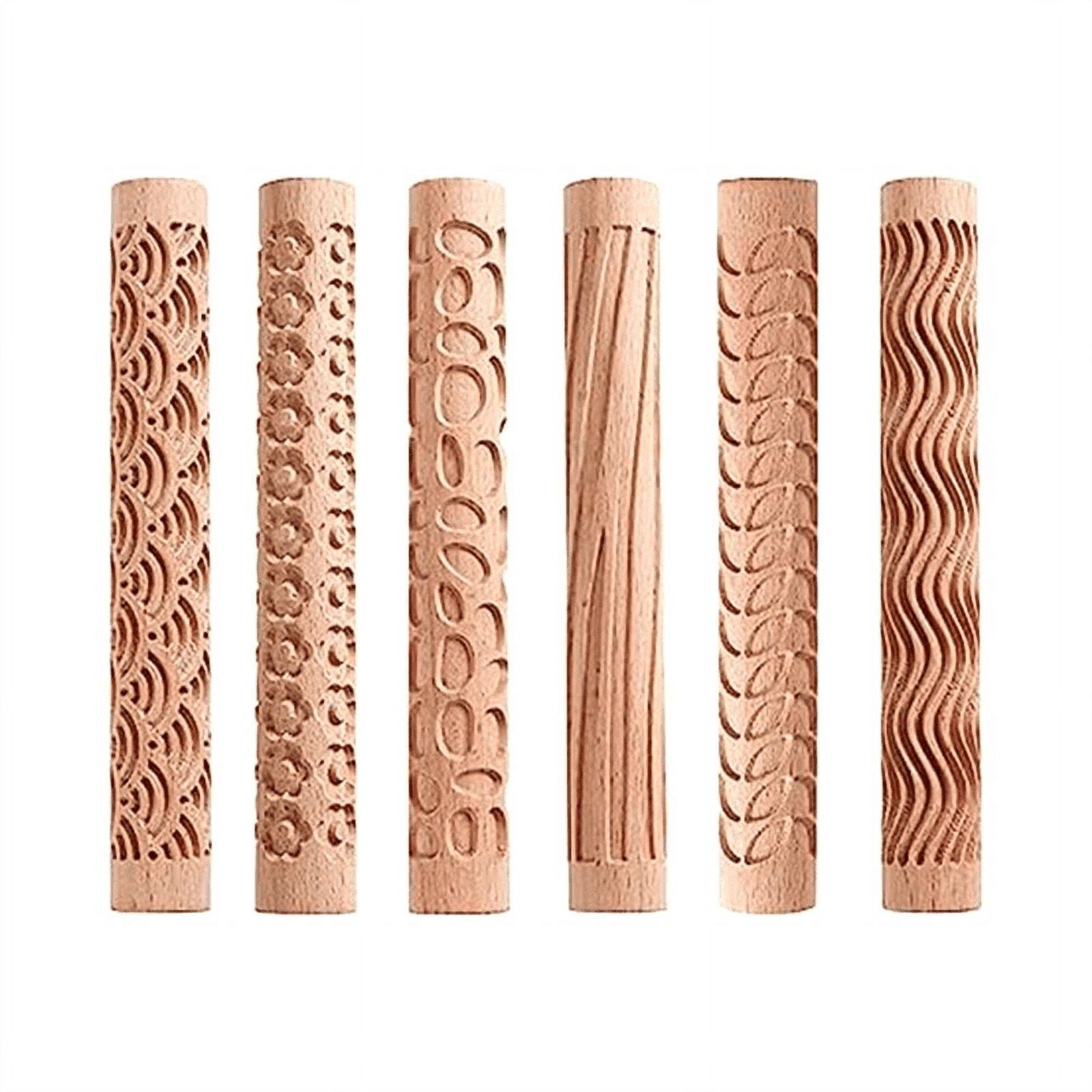 Set of 6 Wood Clay Modeling Pattern Rollers Kit, Rolling Pin Textured ...