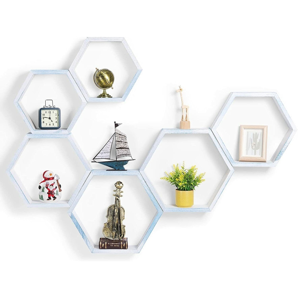 Set of 6 Wooden Hexagon Rustic Floating Shelves in Deep Natural Wood ...