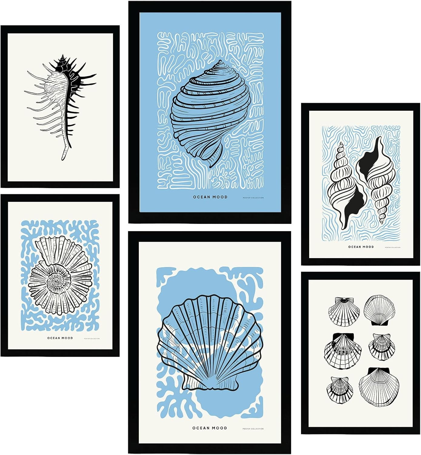 Set of 6 black ink posters, round shells, sea and ocean sheets for ...