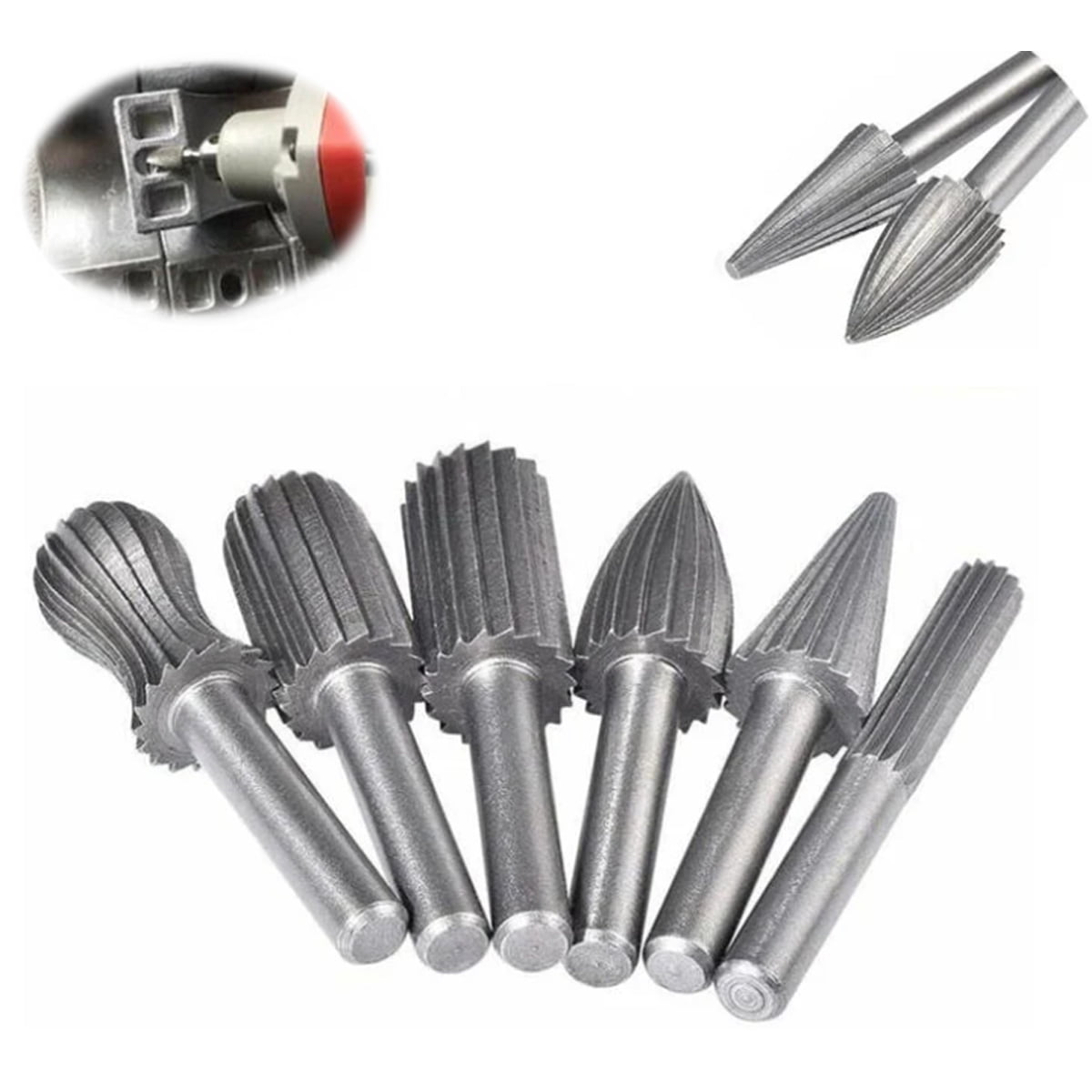 Set of 6 double-cut tungsten rotary cutters 6 mm Tungsten shank Filing ...