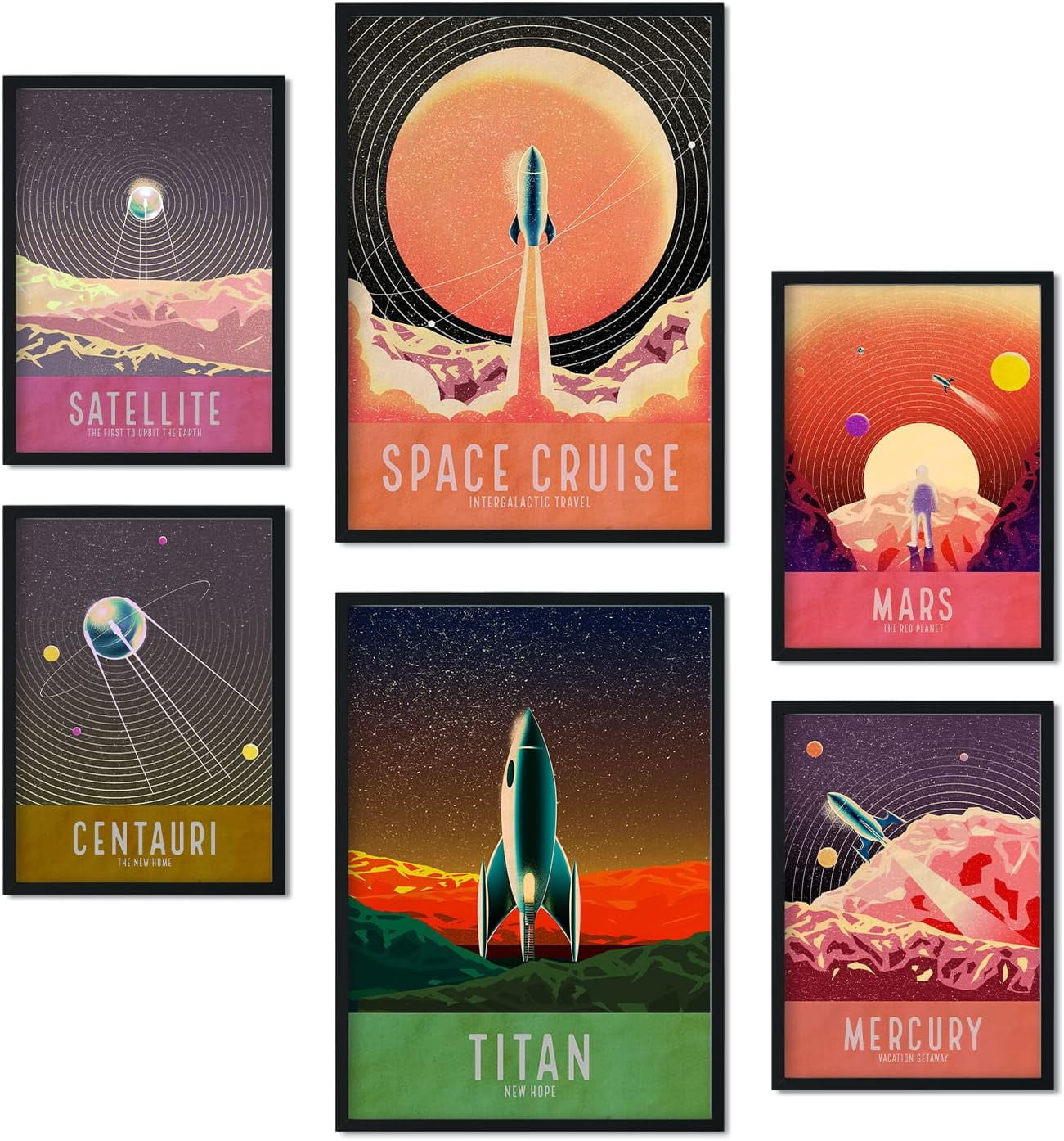 Set of 6 space posters - collection of posters in the style of collage ...