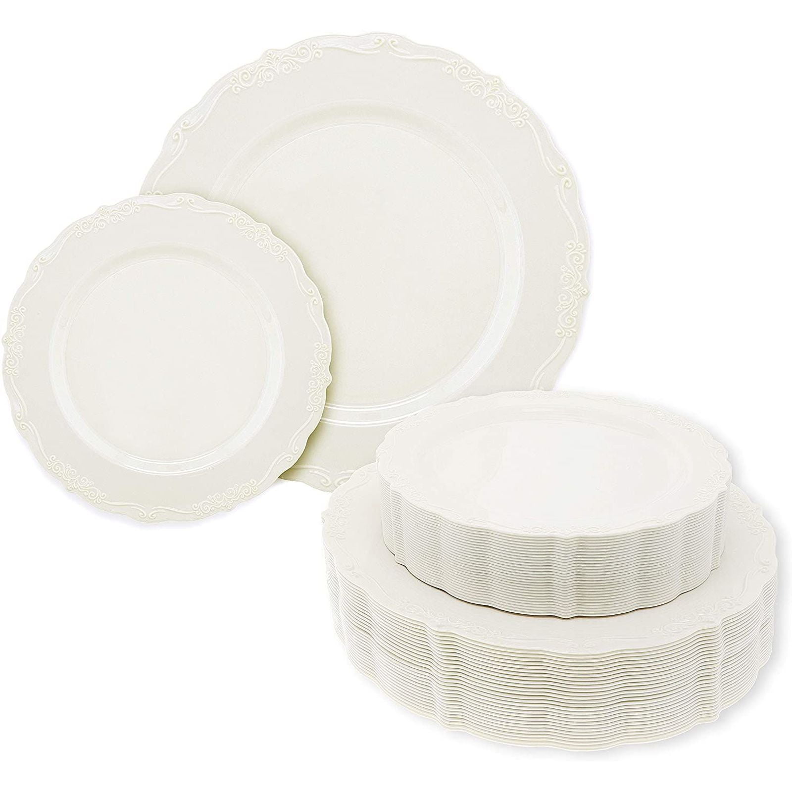 Set of 60 Cream Plastic Plates, Elegant Vintage Design for Party ...
