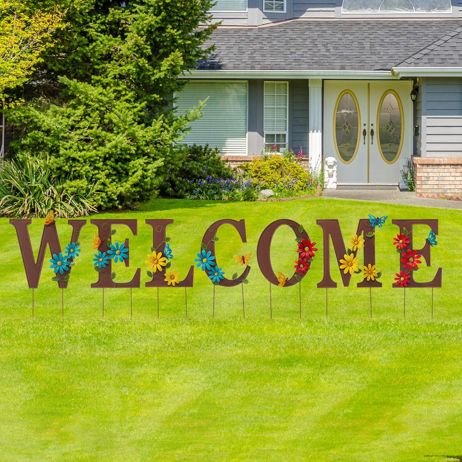 Set of 7 Metal Garden Stakes Decor Welcome Letters with Flowers Hanging ...