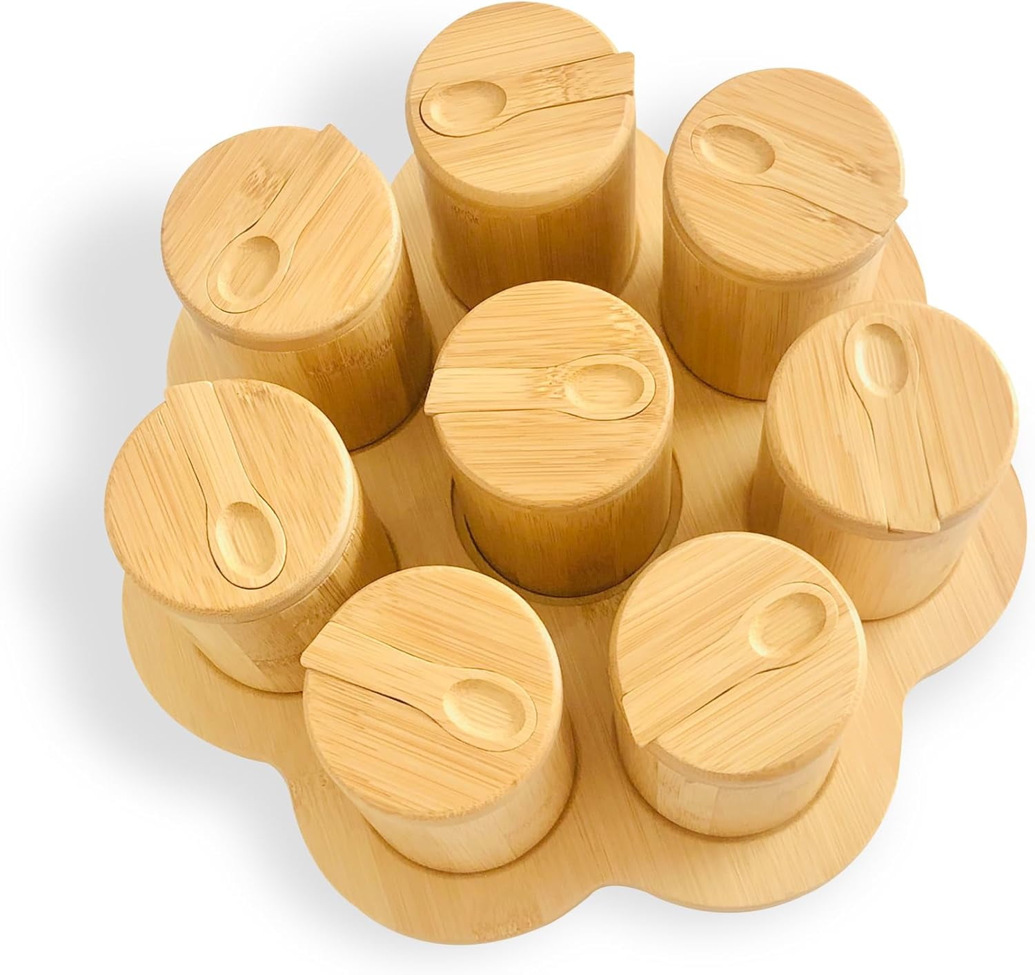Set of 8 Bamboo spice Jars with slide lid, 8 Spoons and 1 Bamboo Tray ...