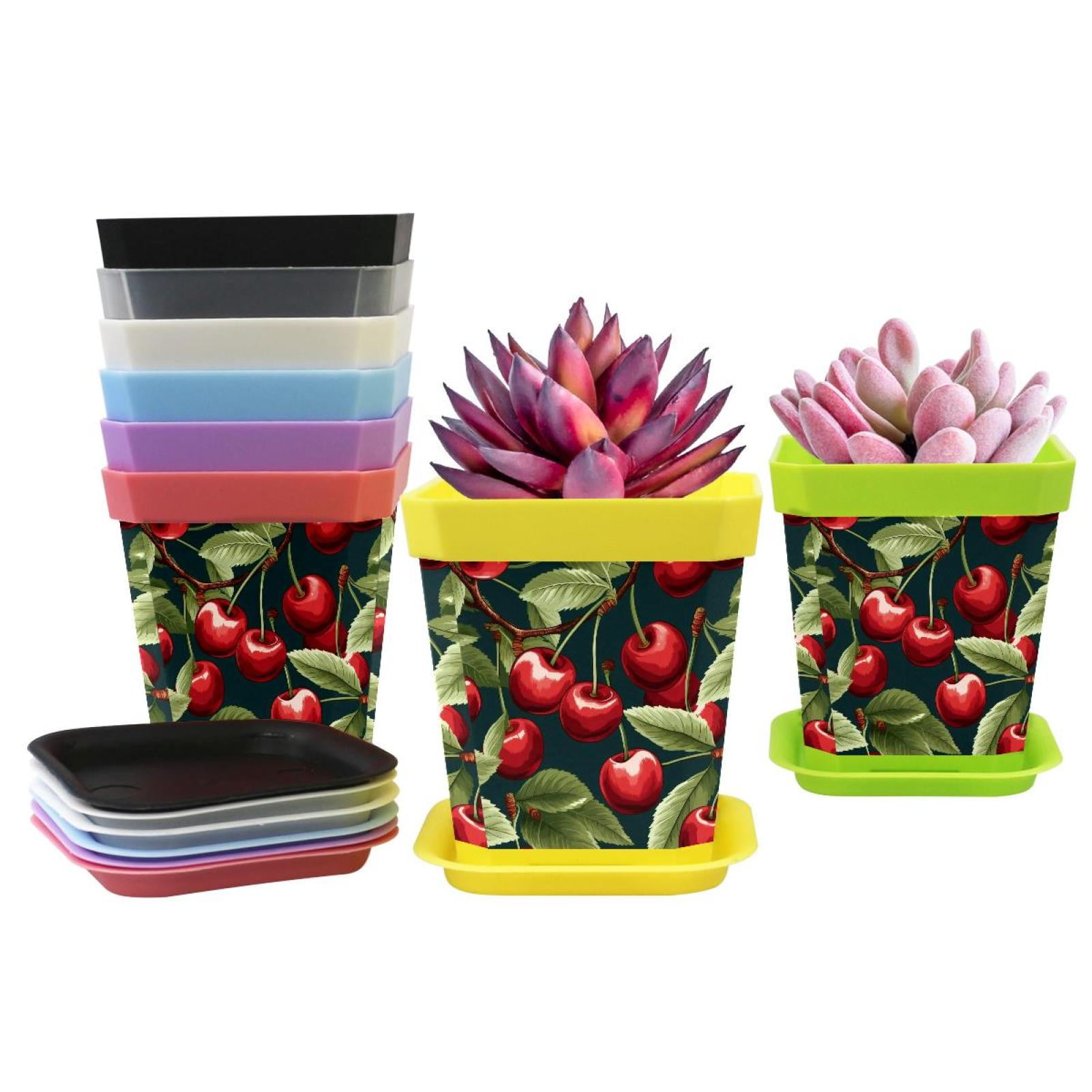 Set of 8 Flowerpot Plant Pots with Bases - Cherry Leaves Pattern Small ...