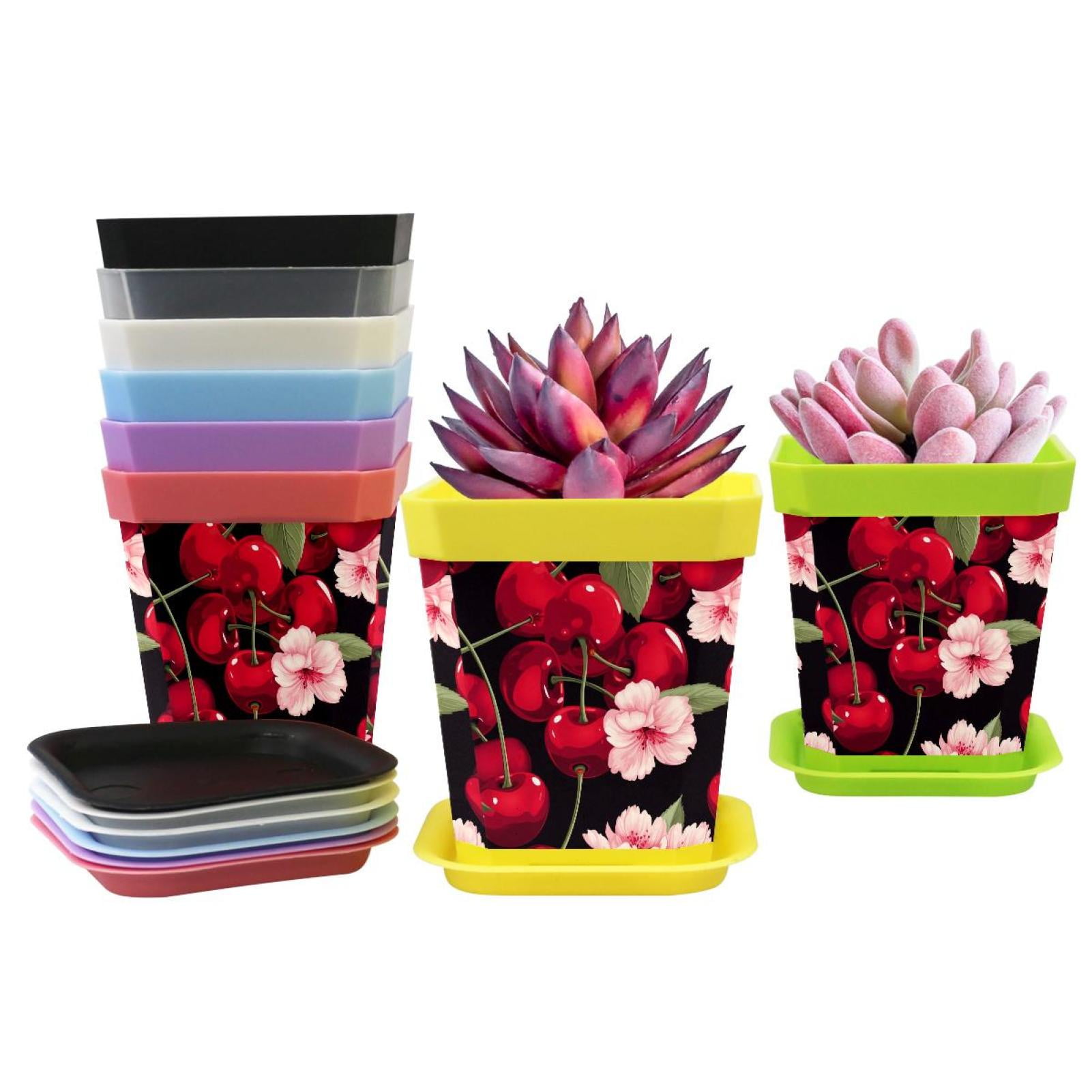 Set of 8 Flowerpot Plant Pots with Bases - Cherry Pink Flower Prints ...