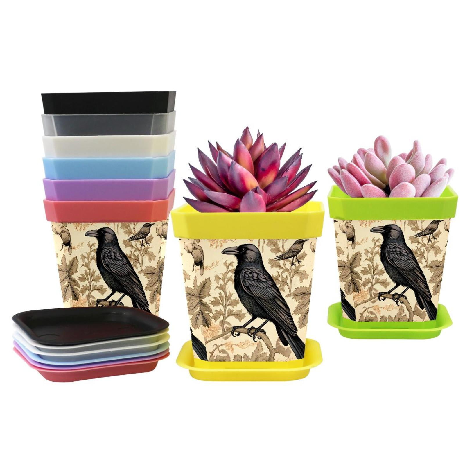 Set of 8 Flowerpot Plant Pots with Bases - Raven Leaves Pattern Small ...