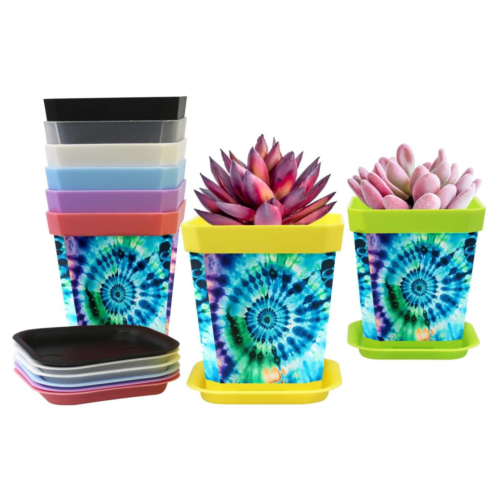 Set of 8 Flowerpot Plant Pots with Bases - Tie Dye Pattern Small Indoor ...