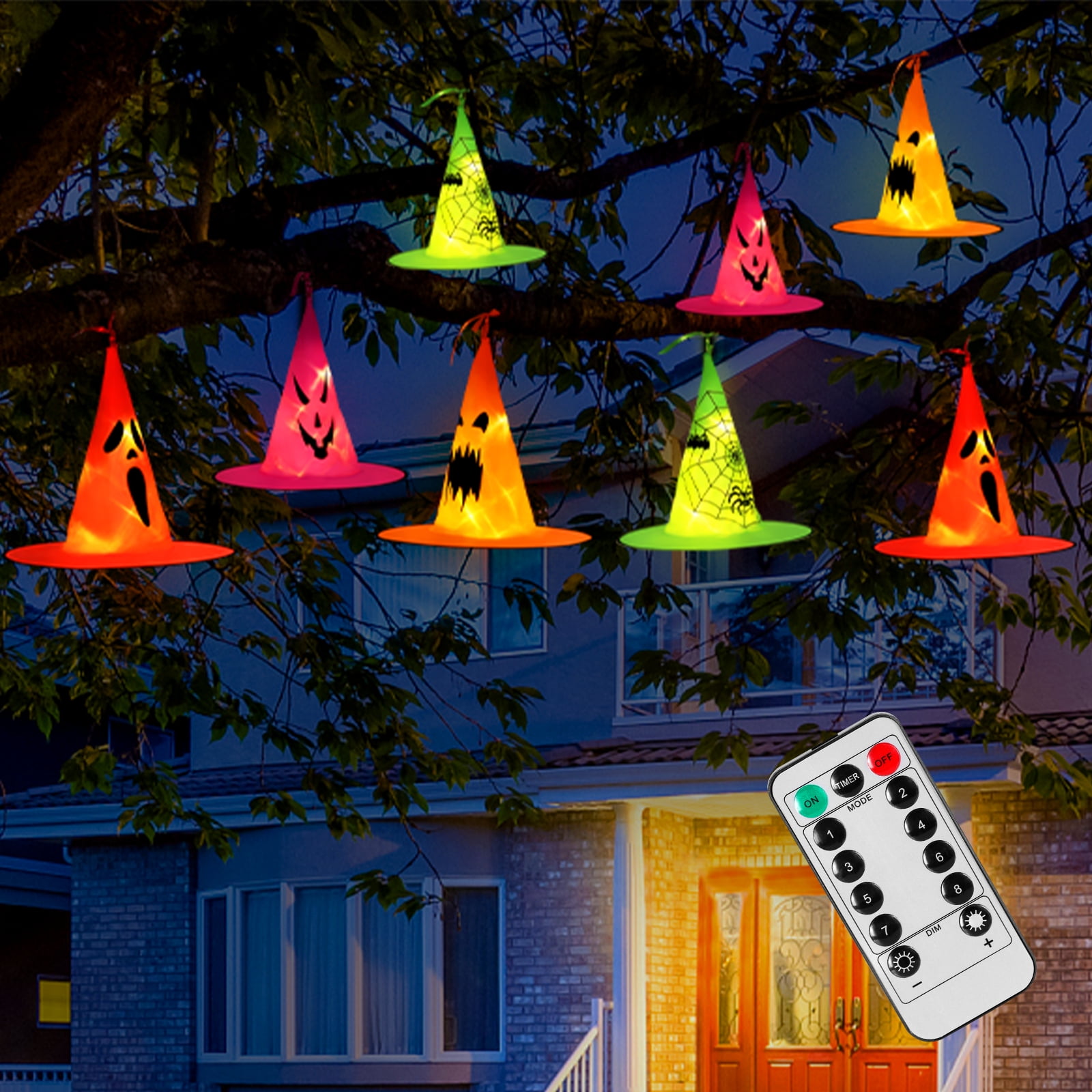 Set of 8 Halloween Hanging Lighted Witch Hat Decor Hat Lights Battery ...