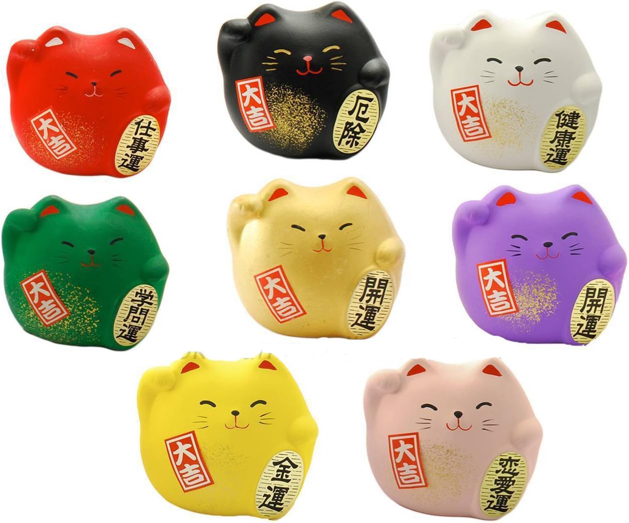 Set of 8 Japanese Maneki Neko Lucky Fortune Rich Cat Figurine Made in ...