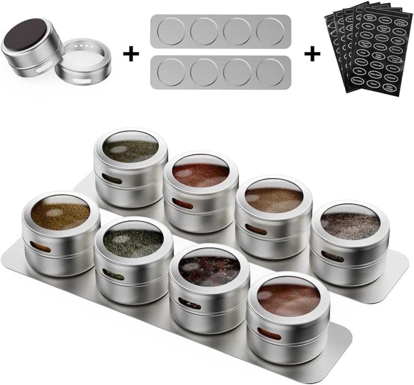 Set of 8 Magnetic Spice Tins with 2 Metal Wall-Plates,100 Preprinted ...