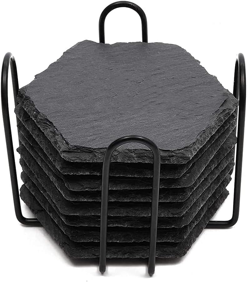 Set of 8 Natural Stone Material Coasters with Iron Storage Rack 3 ...