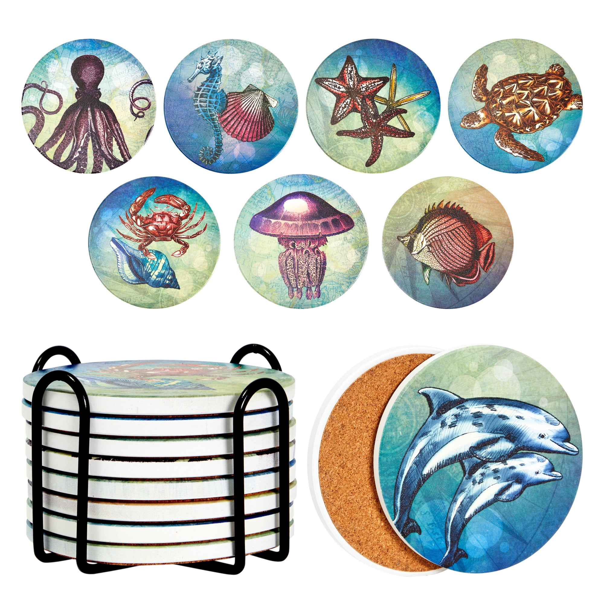 Set of 8 Ocean Animal Ceramic Table Coasters for Drinks with Holder and ...