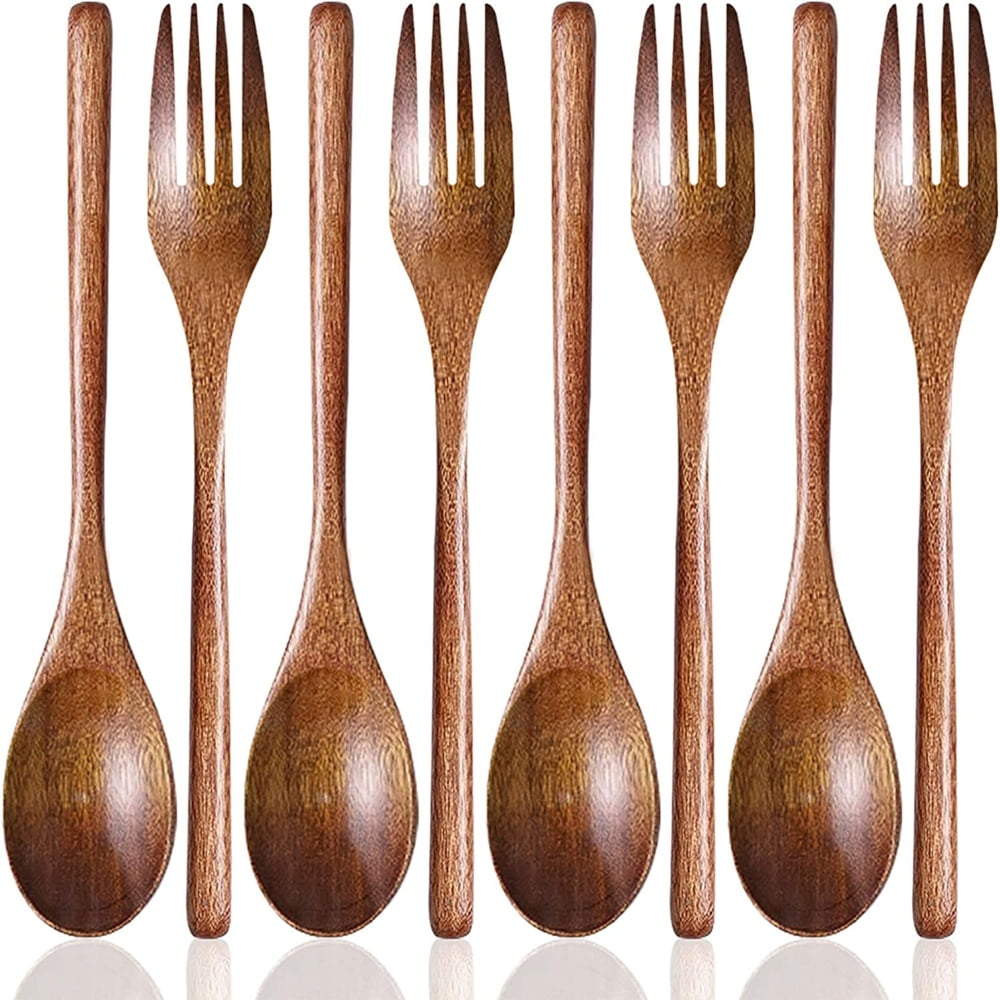 Set of 8, Wood Soup Spoons and Forks Wooden Ladle Spoon and Fork Set ...
