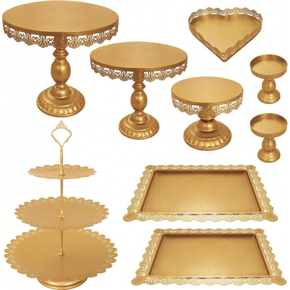 Set of 9 Gold Metal Cake Stand Set – Multiple Styles for Candy, Fruit ...