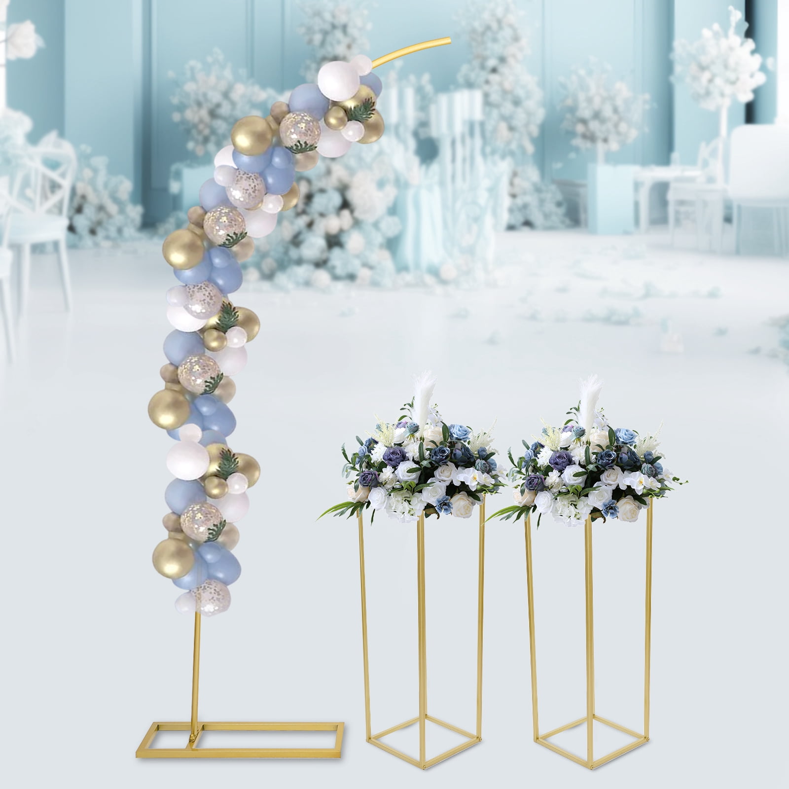 Set of Balloon Arch Stand and 2 Flower Stands, Golden Color Arch ...