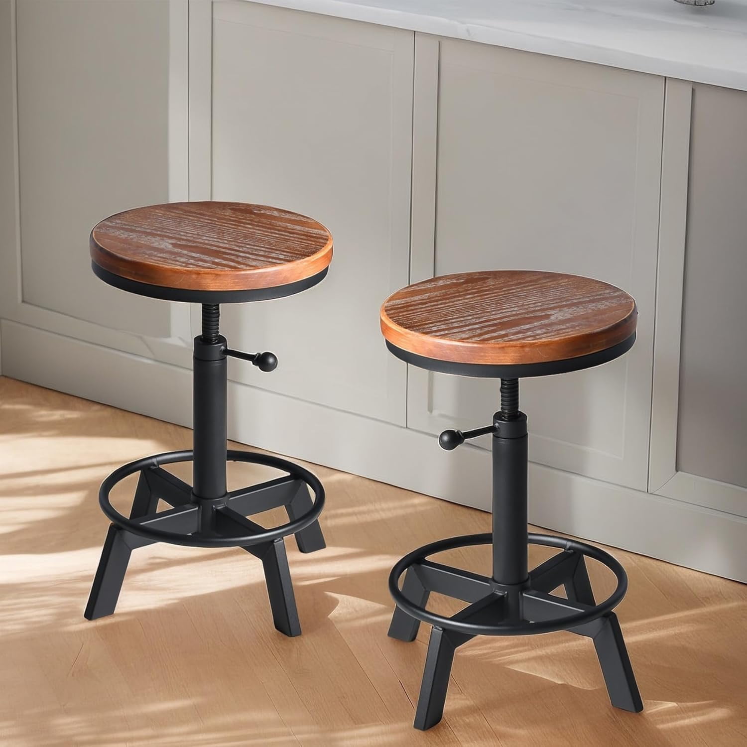 Set of Industrial Stools Short Stool Swivel Wooden Seat Kitchen Island ...