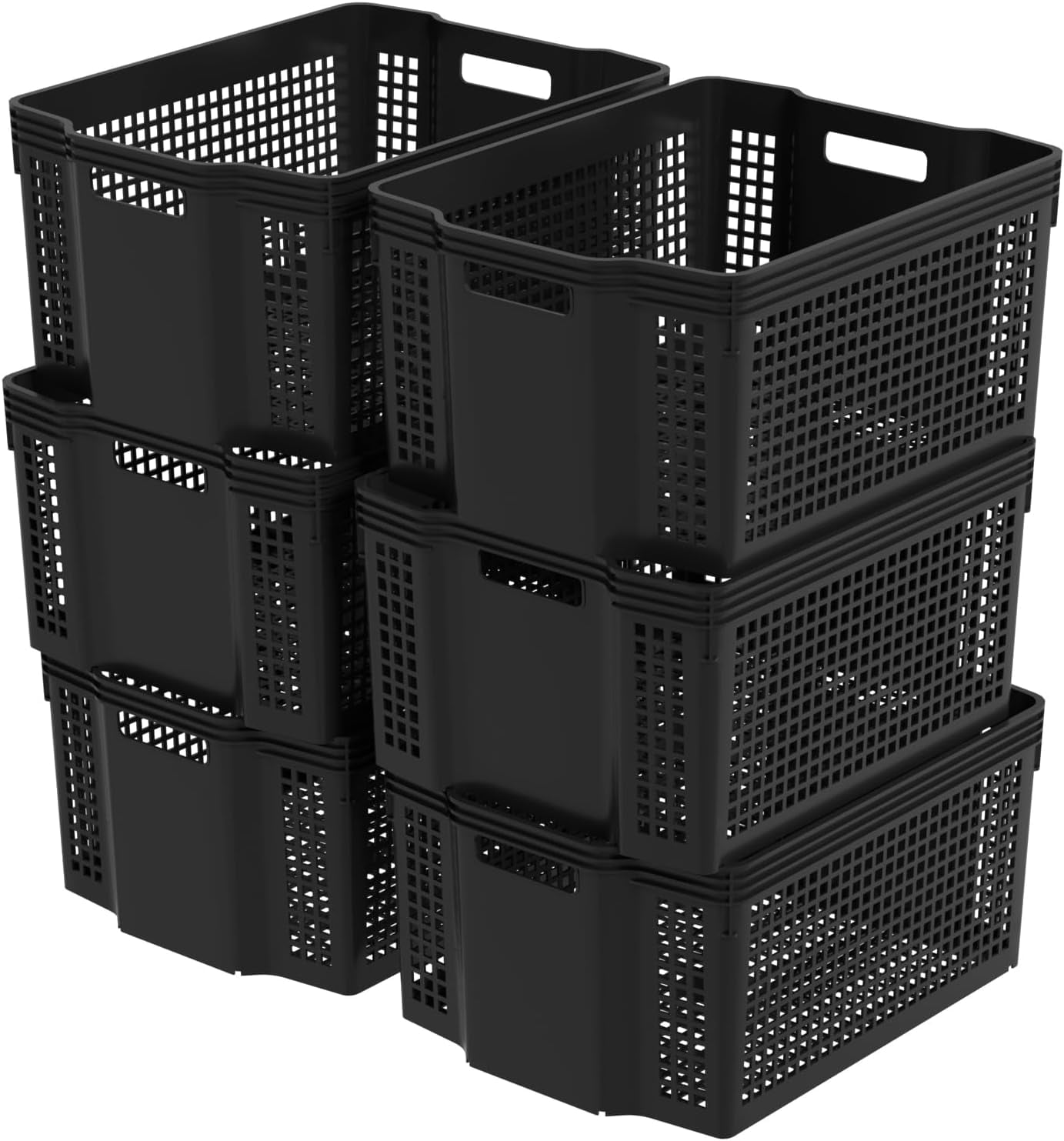 Set of Six Black Plastic Woven Storage Bins, Large and Stackable ...