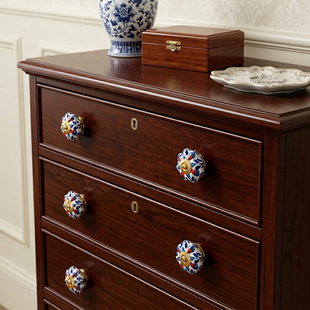 Set of Six Blue Red And White Floral Knob Ceramic Drawer Pull Knobs ...