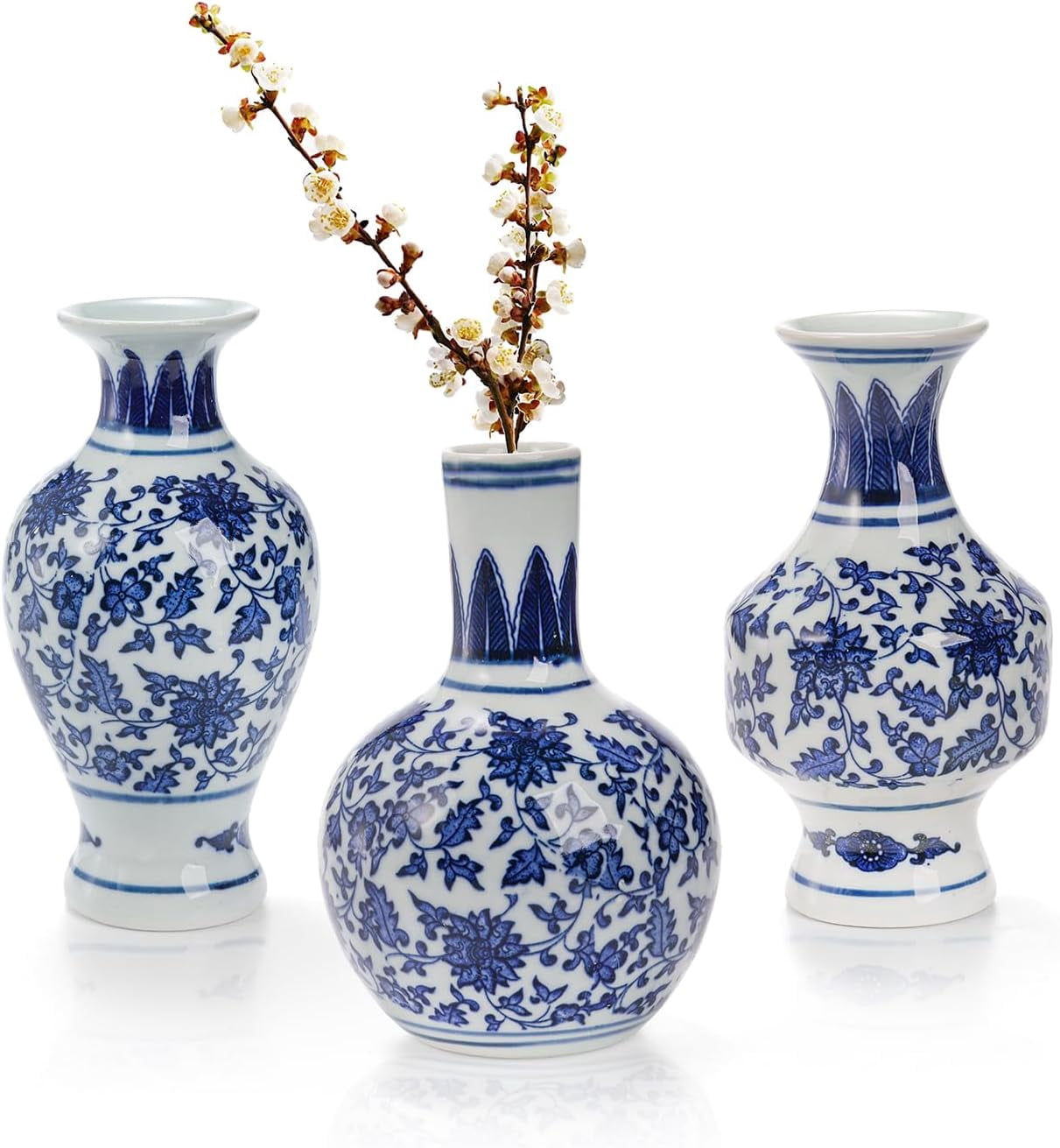 Set of Small Blue and White Porcelain Vases with Intricate Floral ...