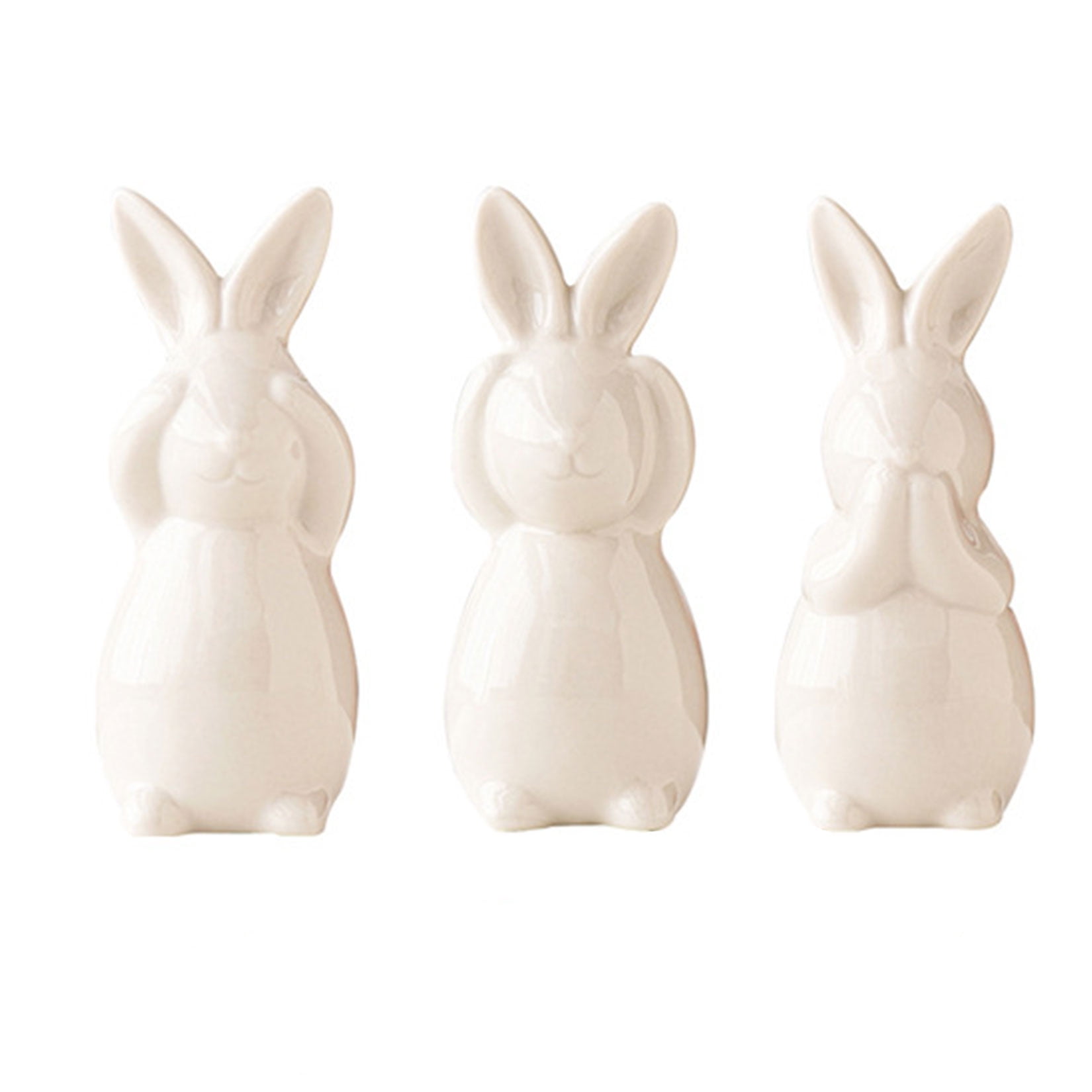 Set of Three Spring Easter Bunny Figurines Decoration - White Ceramic ...