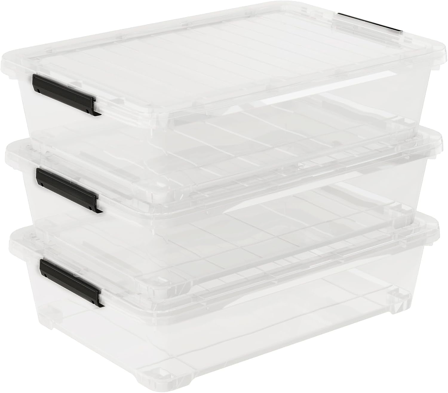 Set of Three Wheeled Underbed Storage Boxes, Large Clear Plastic Bins ...