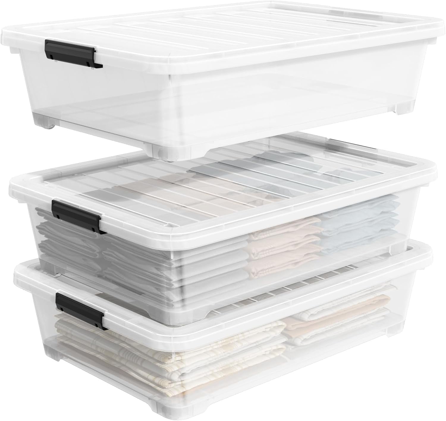 Set of Three Wheeled Underbed Storage Boxes, Large Clear Plastic Bins ...