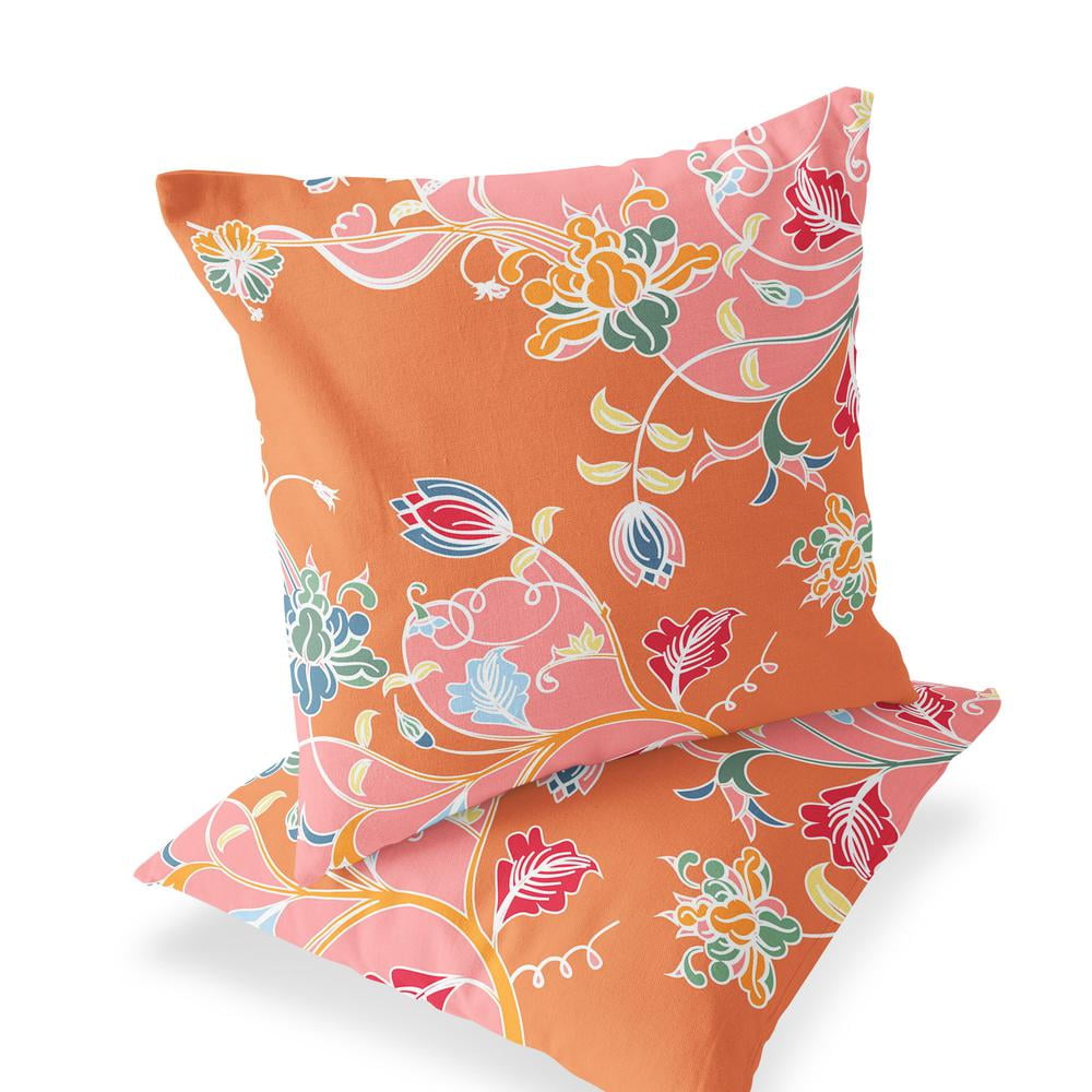Set of Two 16" X 16" Pink and Orange Blown Seam Floral Indoor Outdoor ...