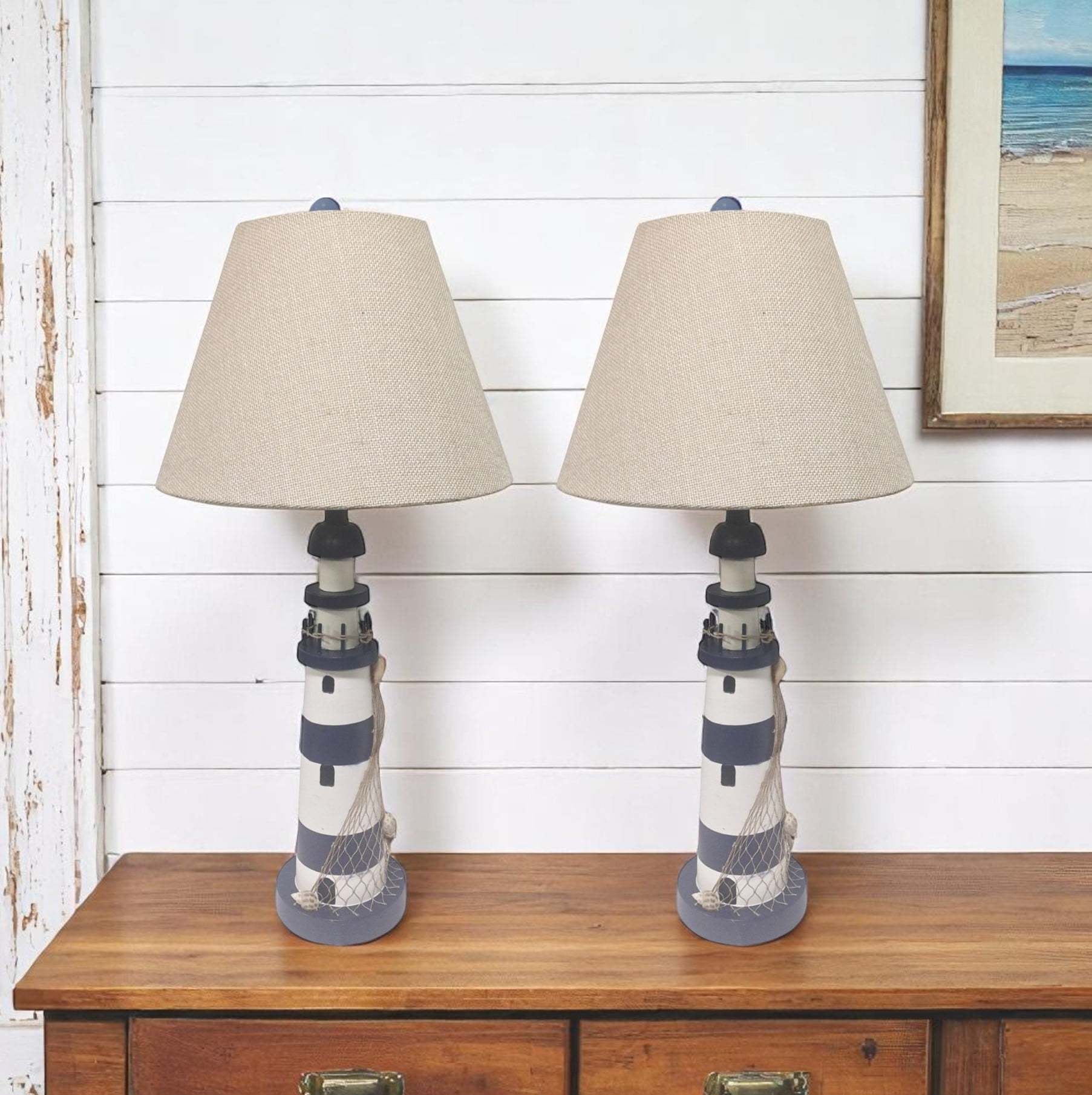 HomeRoots 571283 30 in. Blue & White Lighthouse USB Table Lamps with ...
