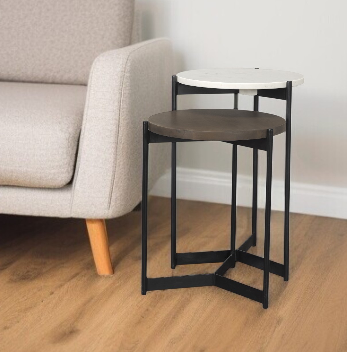 Set of Two Brown White and Black Marble Solid Wood and Metal Round ...