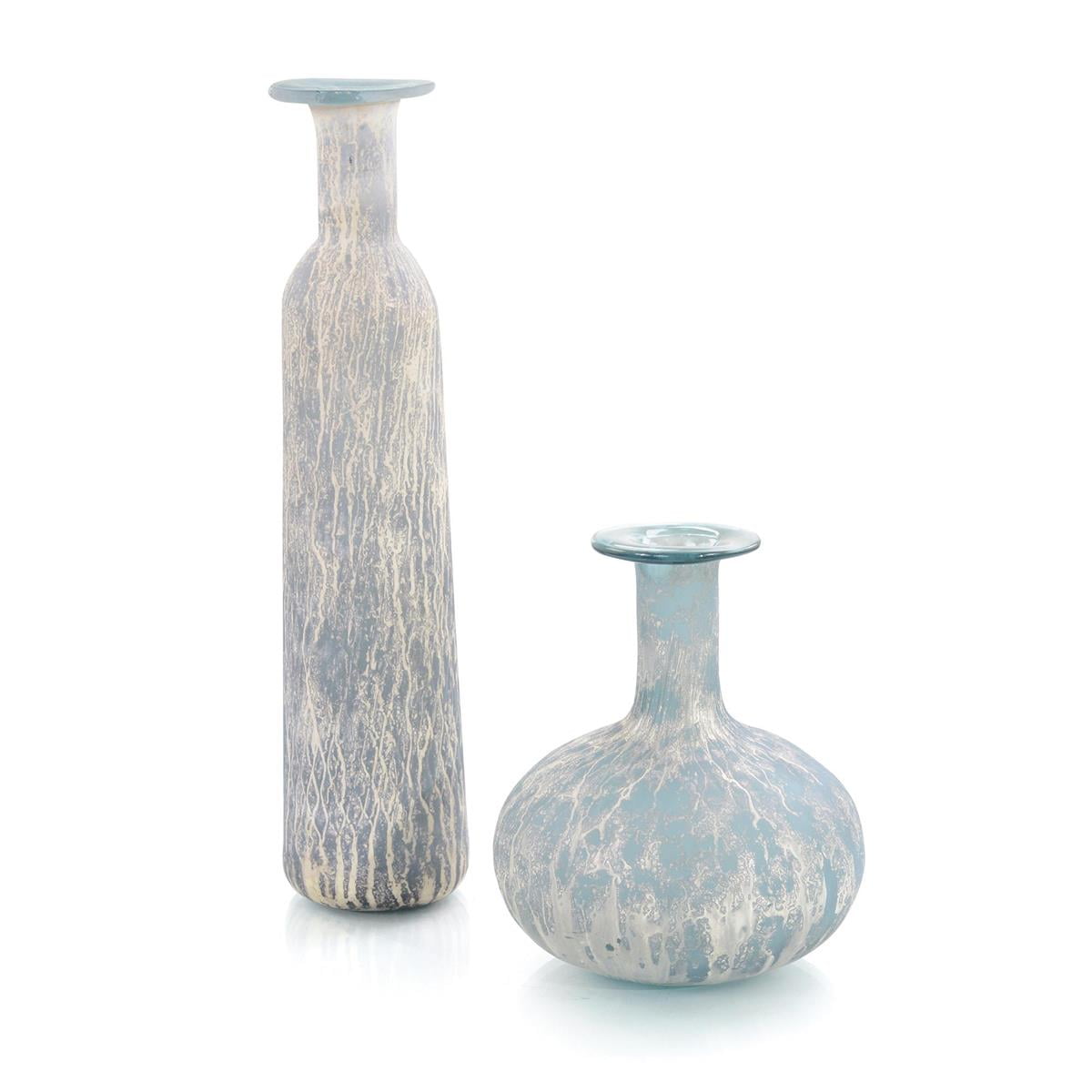 Set of Two Hand-Blown Powder Blue Glass Jar and Vase with Silver ...