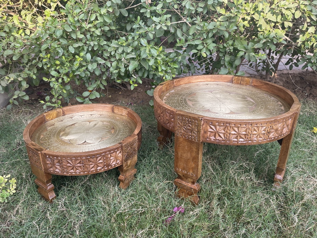 Set of Two Handcrafted Wooden Round Decorative Tables with Brass-Inlaid ...